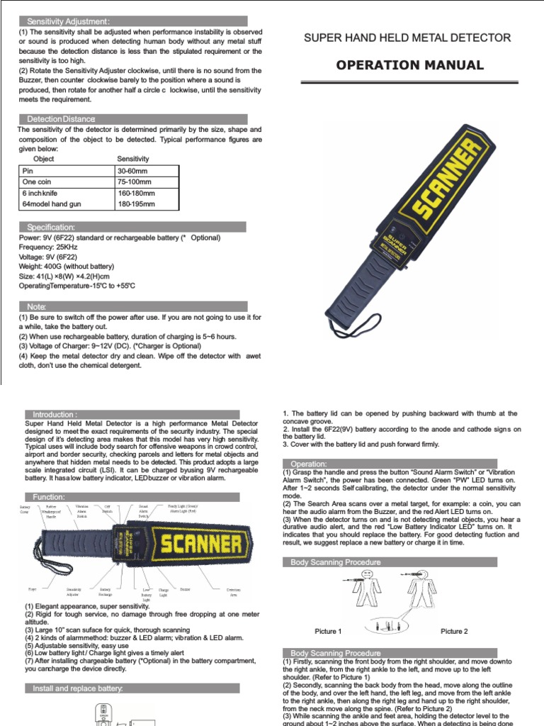 Operation Manual: Super Hand Held Metal Detector | PDF | Battery ...