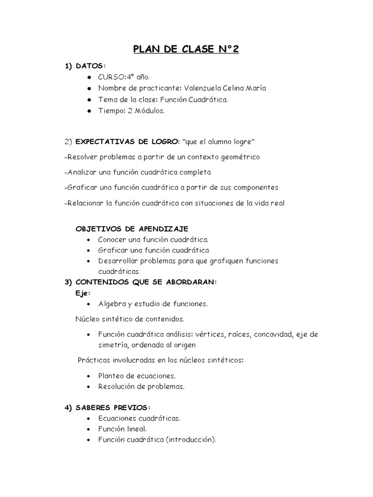 PLAN DE CLASE 3 Analisis Funcion Cuadratica. Arreglado | PDF | Ecuaciones | Ecuación cuadrática