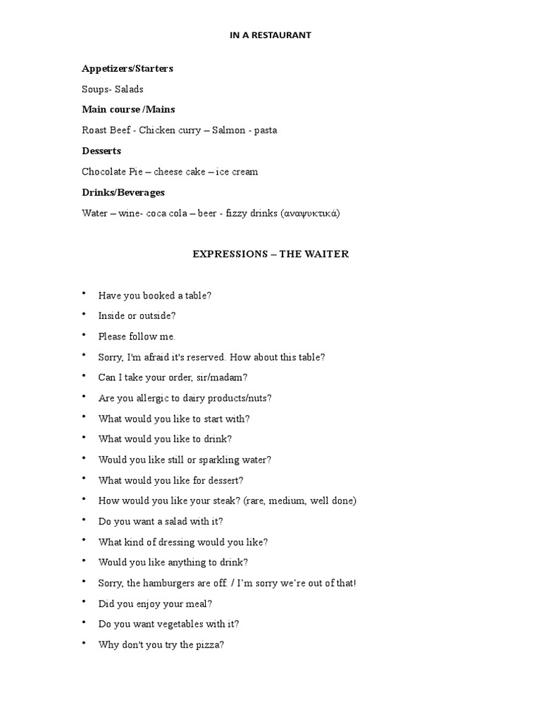Waiter Expressions - Restaurant | PDF | Hors D'oeuvre | Restaurants