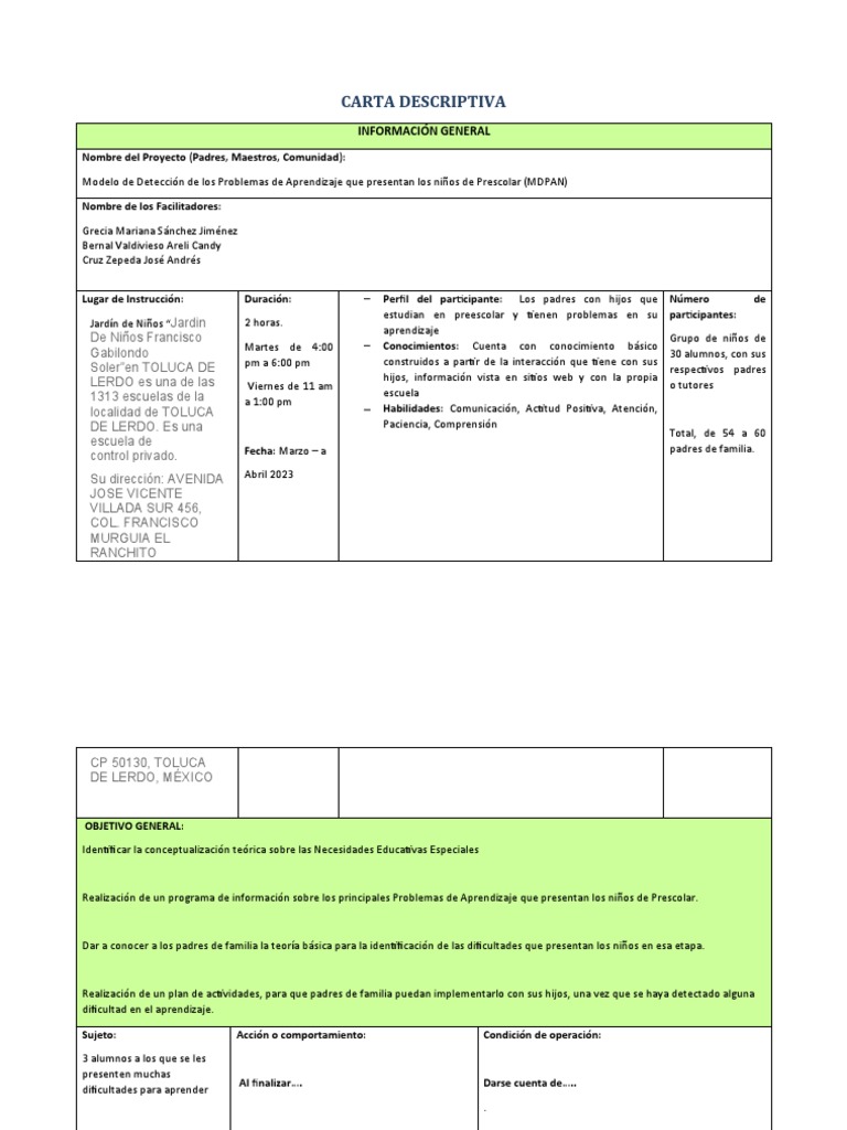 Carta Descriptiva | PDF | Evaluación | Aprendizaje