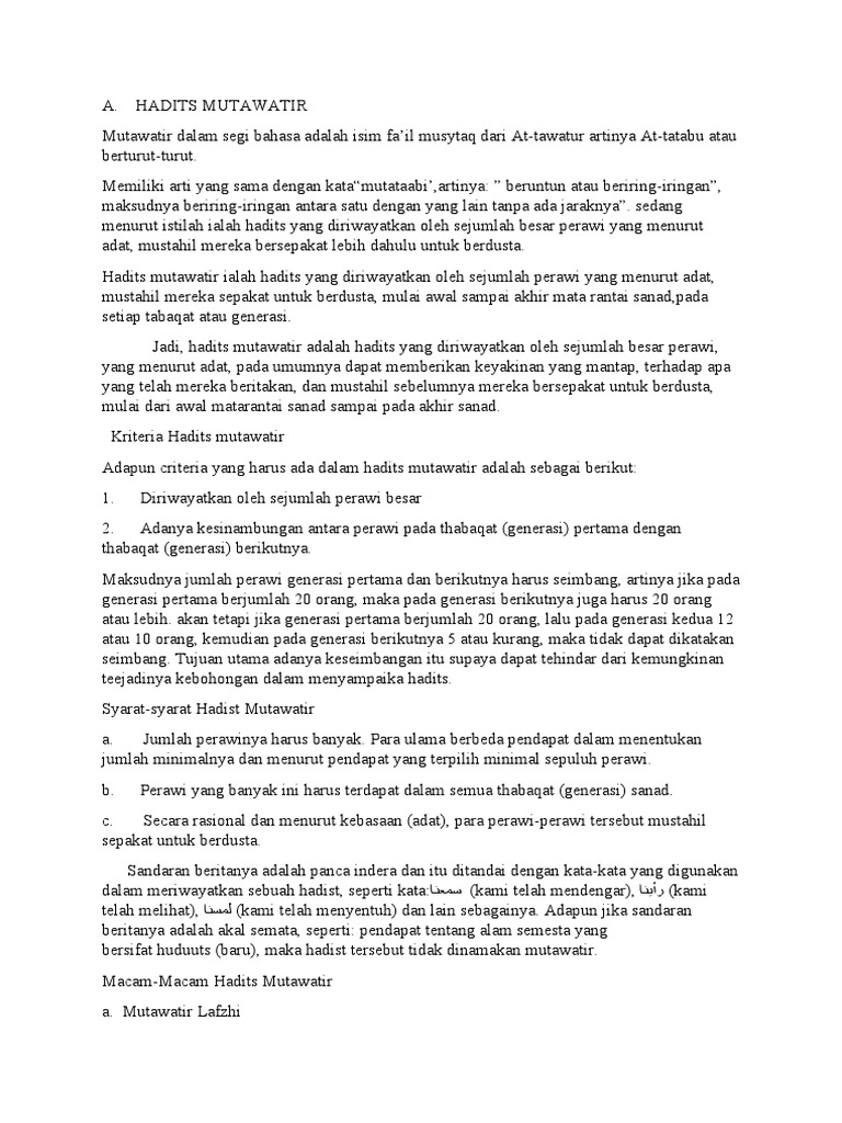 Materi Hadis Mutawatir, Ahad Dan Masyhur | PDF