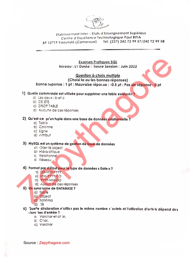 IAI-Cameroun-NIVEAU I-Génie Logiciel Et Systèmes.R-Pratique SQL-normal ...