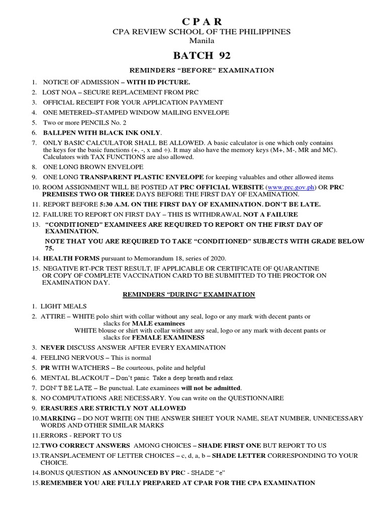 CPA Exam Reminders and Guidelines | PDF | Business