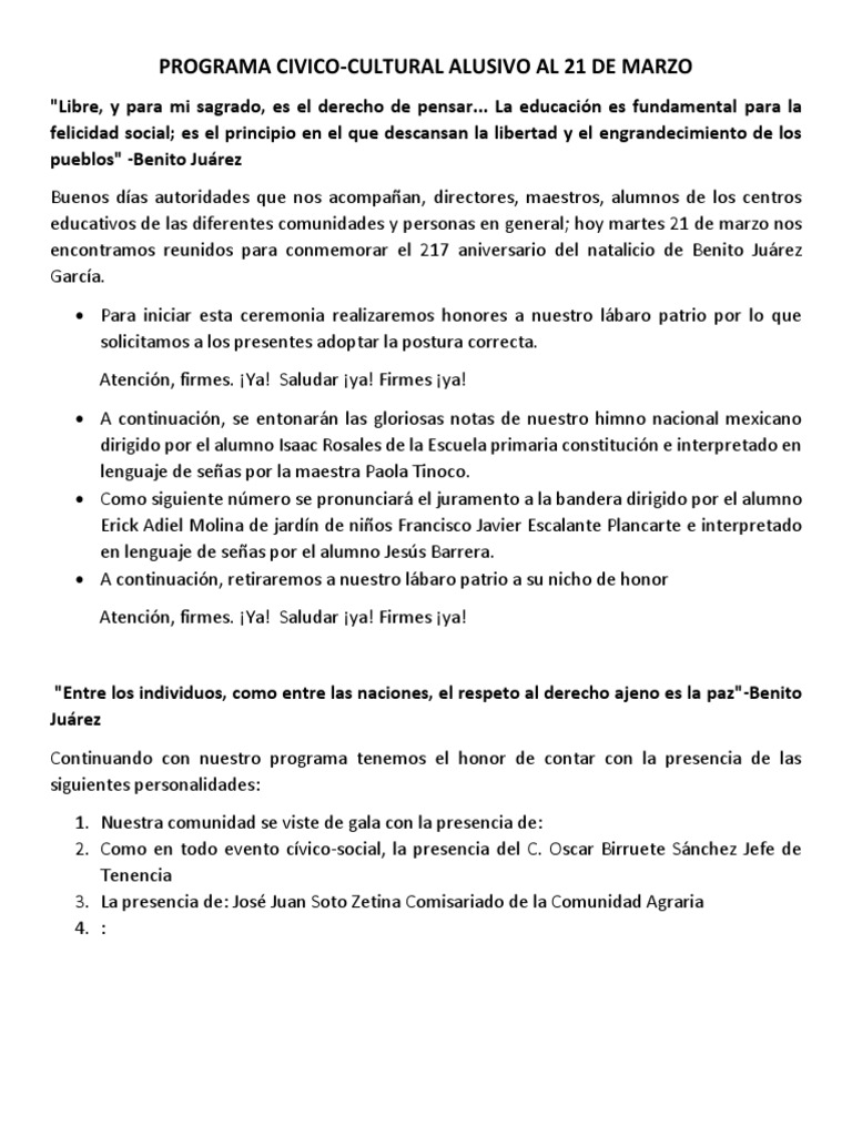 Programa Civico Cultural Alusivo Al 21 de Marzo | PDF