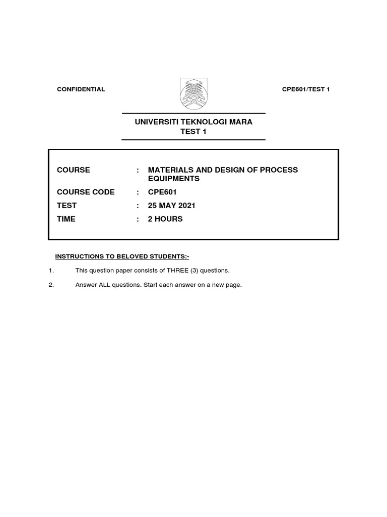 Mid-Term Assessment MTA CPE601 Mar-Aug 2021 - 2 | PDF | Stress (Mechanics) | Classical Mechanics
