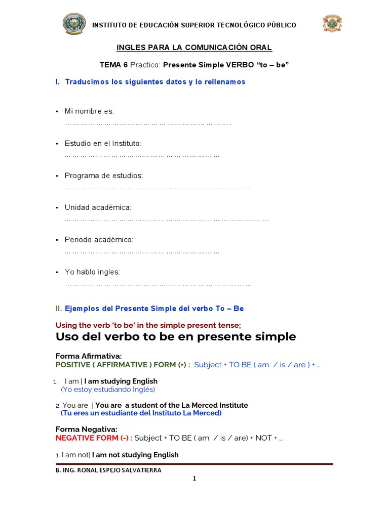 Presente Simple del Verbo "To Be" | PDF