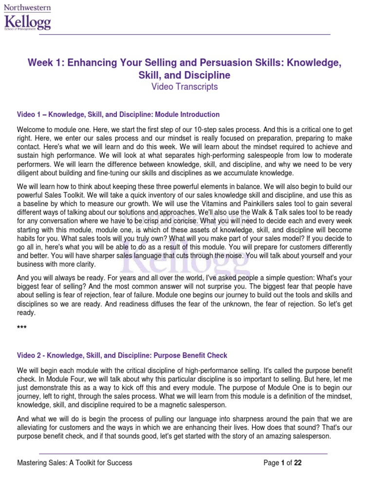 Correos Electrónicos NWK - Mastering Sales - A Toolkit For Success - Week 1 - Video Transcript ...