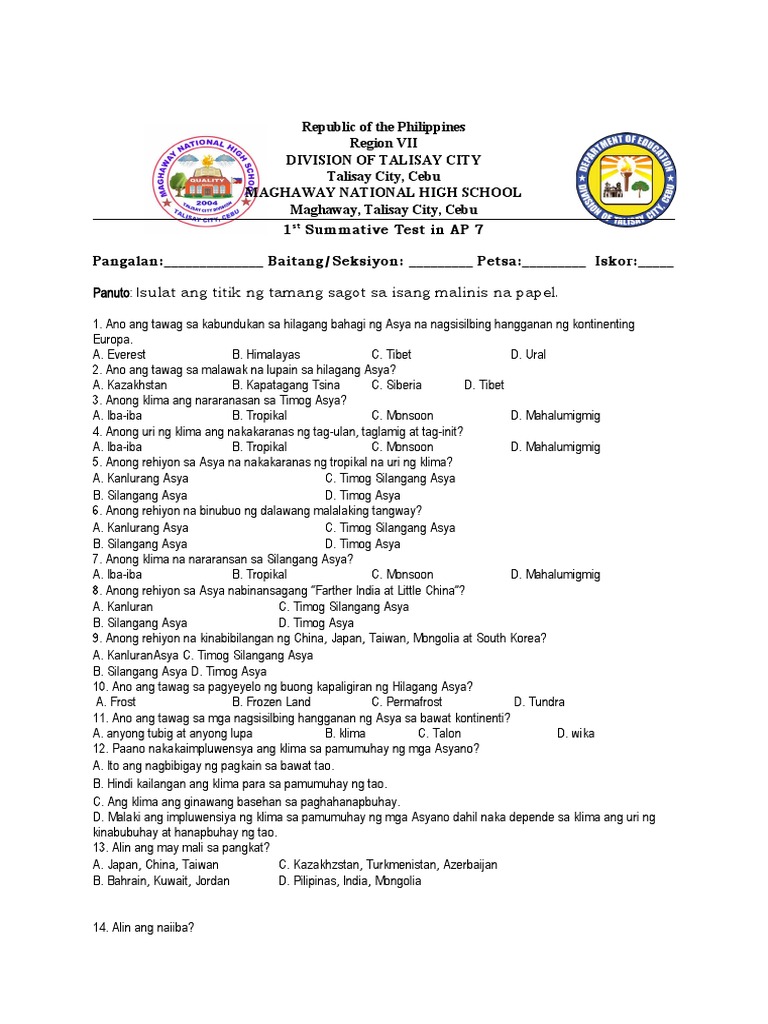 1st AP 7 Summative Test | PDF