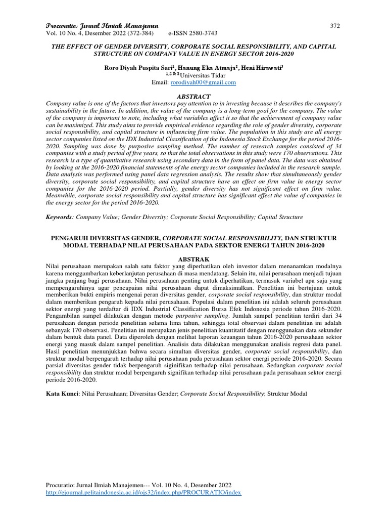 The Effect of Gender Diversity, Corporate Social Responsibility, and Capital Structure On ...