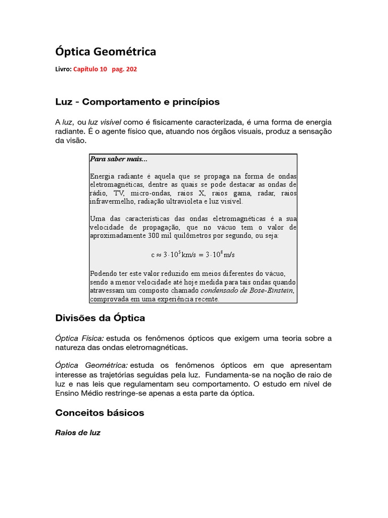 Princípios básicos da Óptica Geométrica e fenômenos relacionados à ...