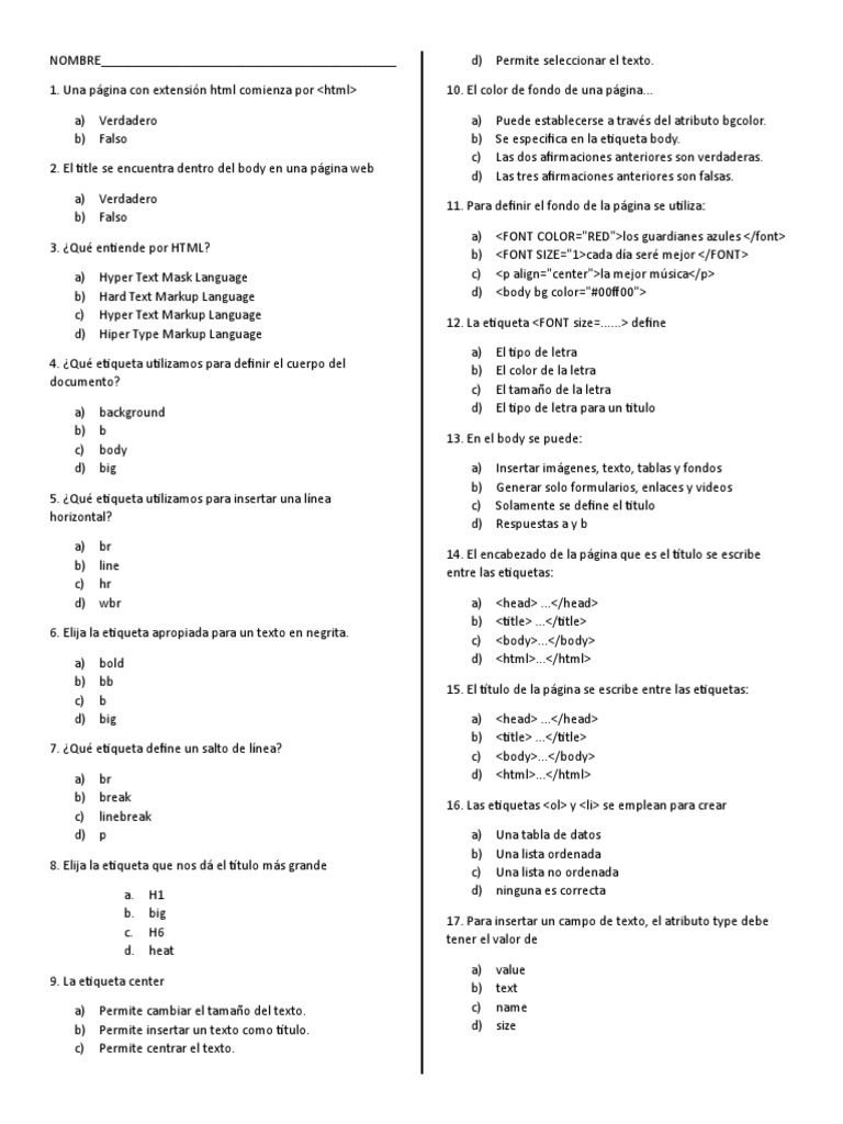Cuestionario Básico de HTML | PDF | HTML | Lenguaje de marcado