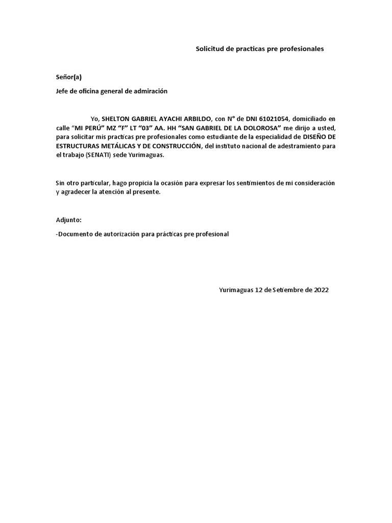 Solicitud de Practicas Pre Profesionales | PDF
