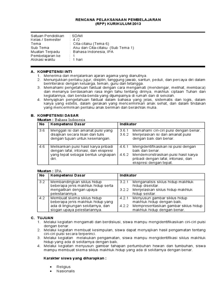 RPP Tema 6 Kelas 4 | PDF