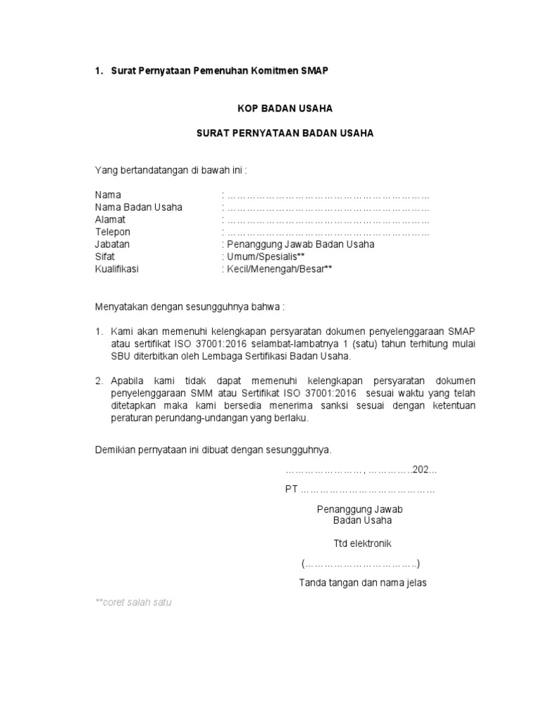 Surat Pernyataan Pemenuhan Komitmen SMAP ISO 37001.2016 SK NO 89 DIRJEN ...