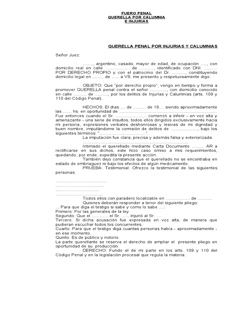 Modelo Basico Querella Calumnias e Injurias | PDF