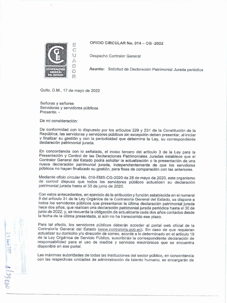 Oficio Circular No. 014 - CG - 2022 | PDF | Gobierno | Justicia