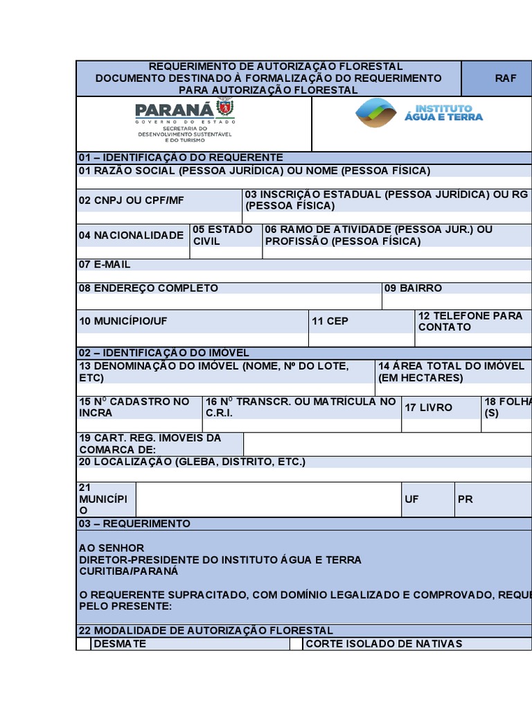 Requerimento de Autorizacao Florestal - Raf Editavel | PDF | Brasil Requerimento de Autorizacao Florestal - Raf Editavel | PDF | Brasil