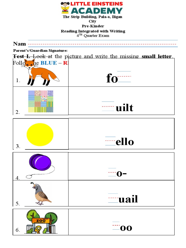 Pre-Kinder 4TH Quarter Exam Readwri | PDF
