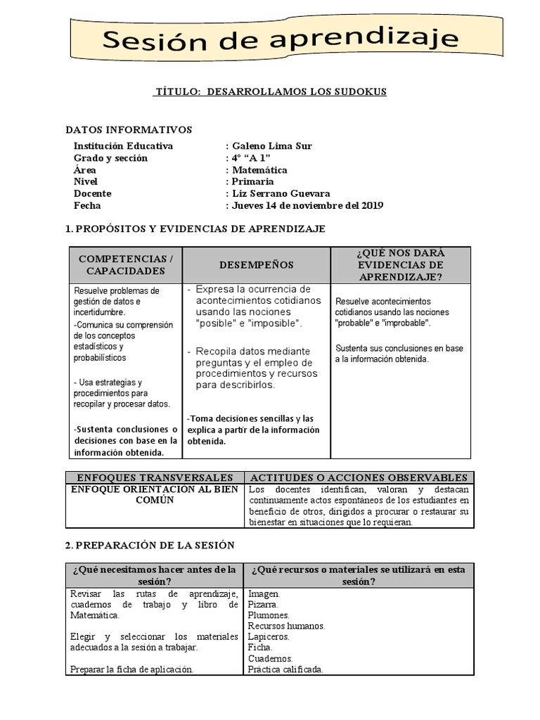 Sesion de Aprendizaje de Matematica - Noviembre1 | PDF | Aprendizaje | Matemáticas