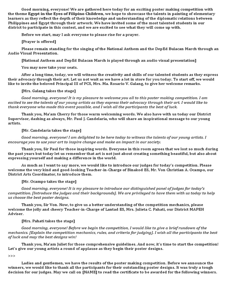 EMCEEING SCRIPT of Poster Making | PDF