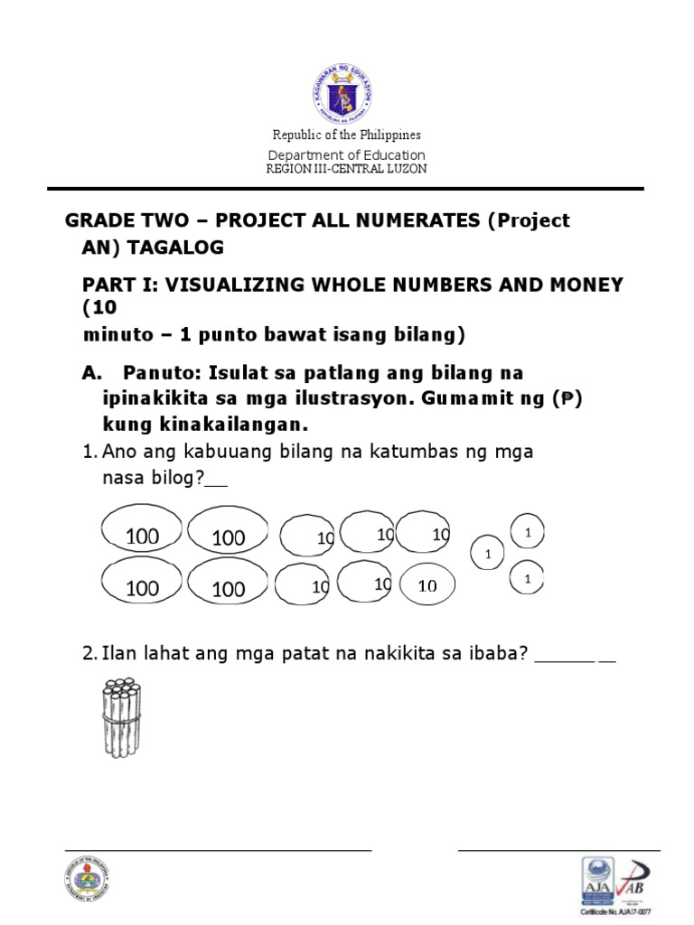 Grade 2 Project An Assessment Tool (Post Test-Tagalog) | PDF