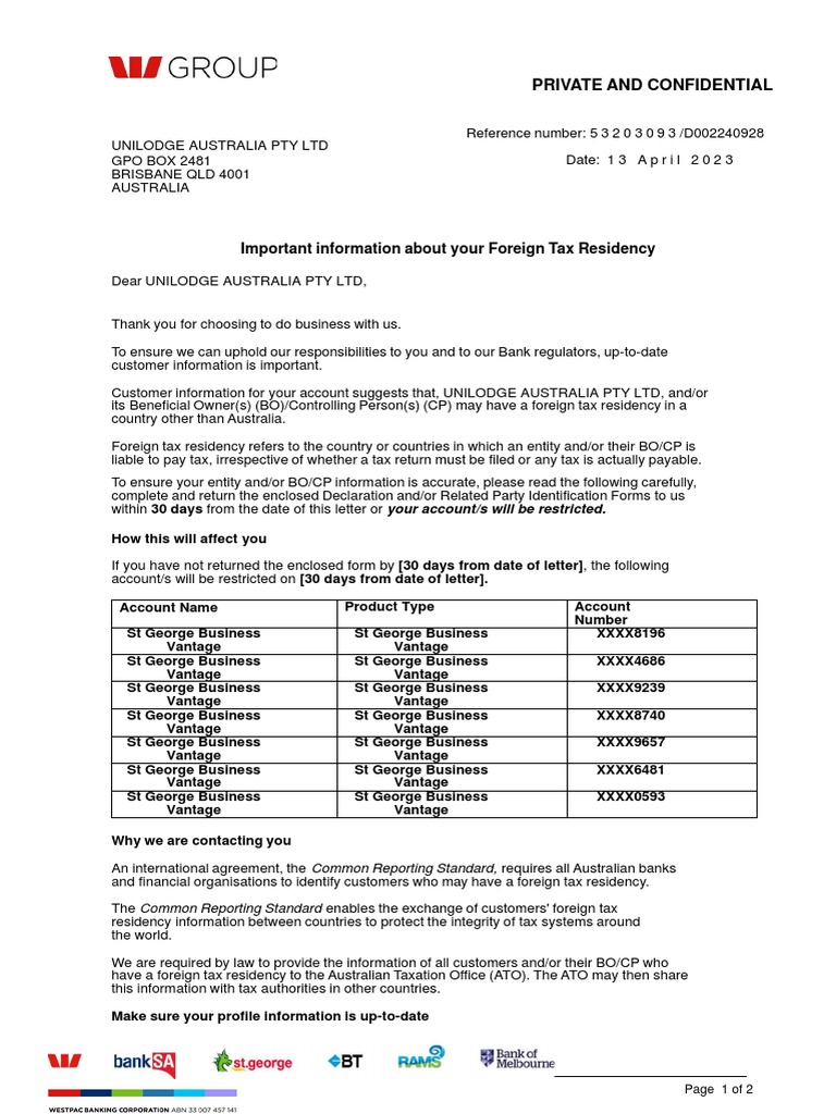 Important Information About Your Foreign Tax Residency: Private and Confidential | PDF | Privacy ...