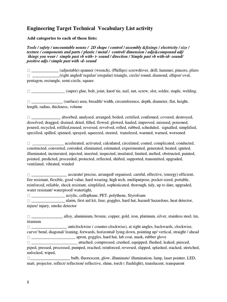 Engineering Vocabulary Categories | PDF | Screw | Flashlight