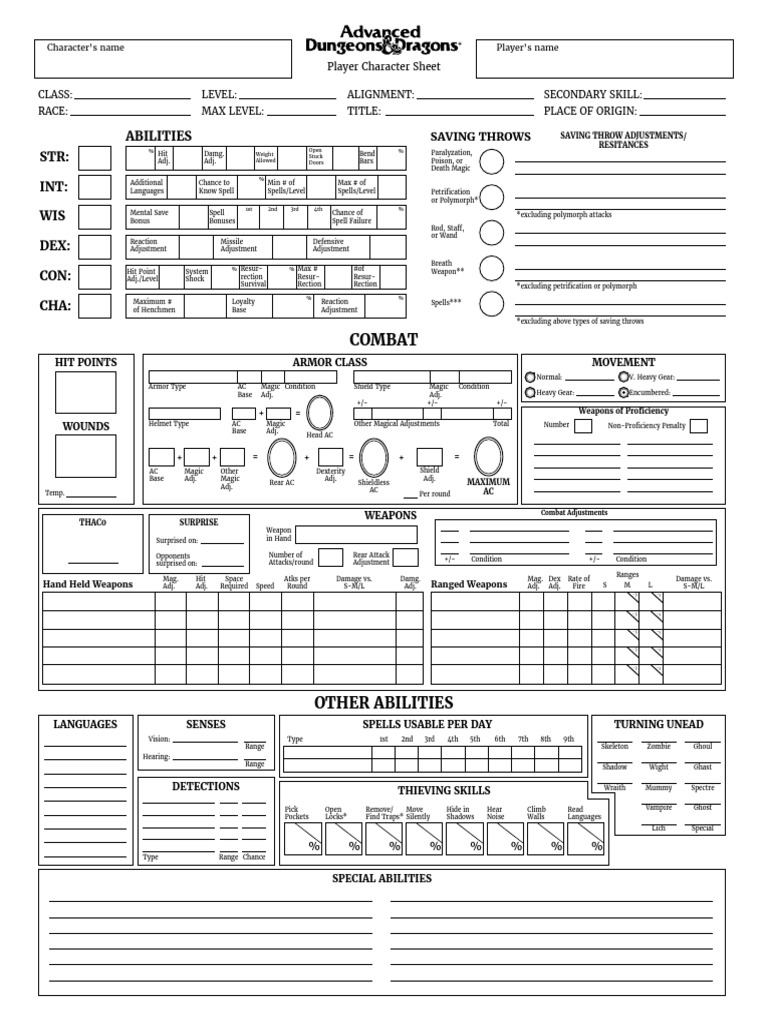 Classic 1e CharacterSheet Fillable | PDF