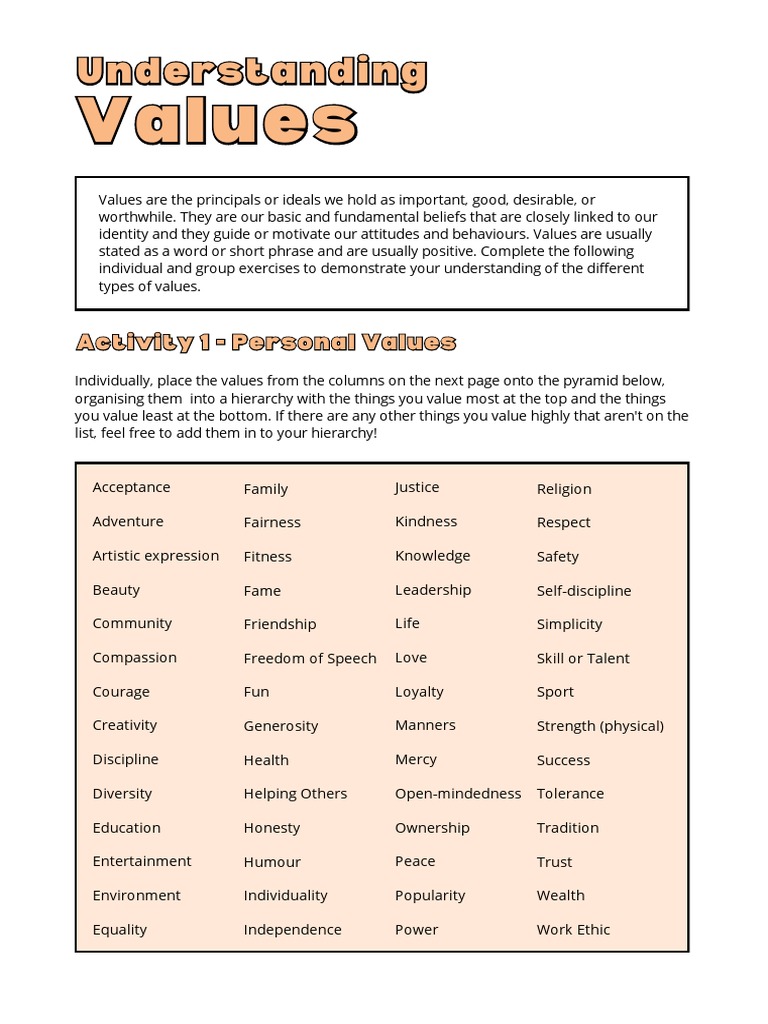 Understanding Values Activity Worksheet | PDF