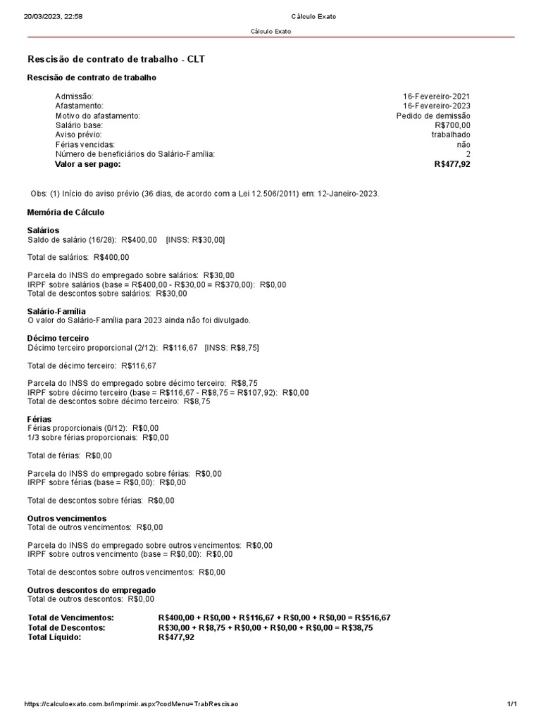 Cálculo Exato 2 | PDF | Férias trabalhistas | Economia Demográfica