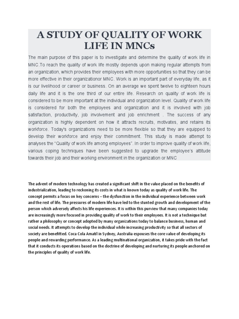 A STUDY OF QUALITY OF WORK LIFE IN MNCs | Download Free PDF ...