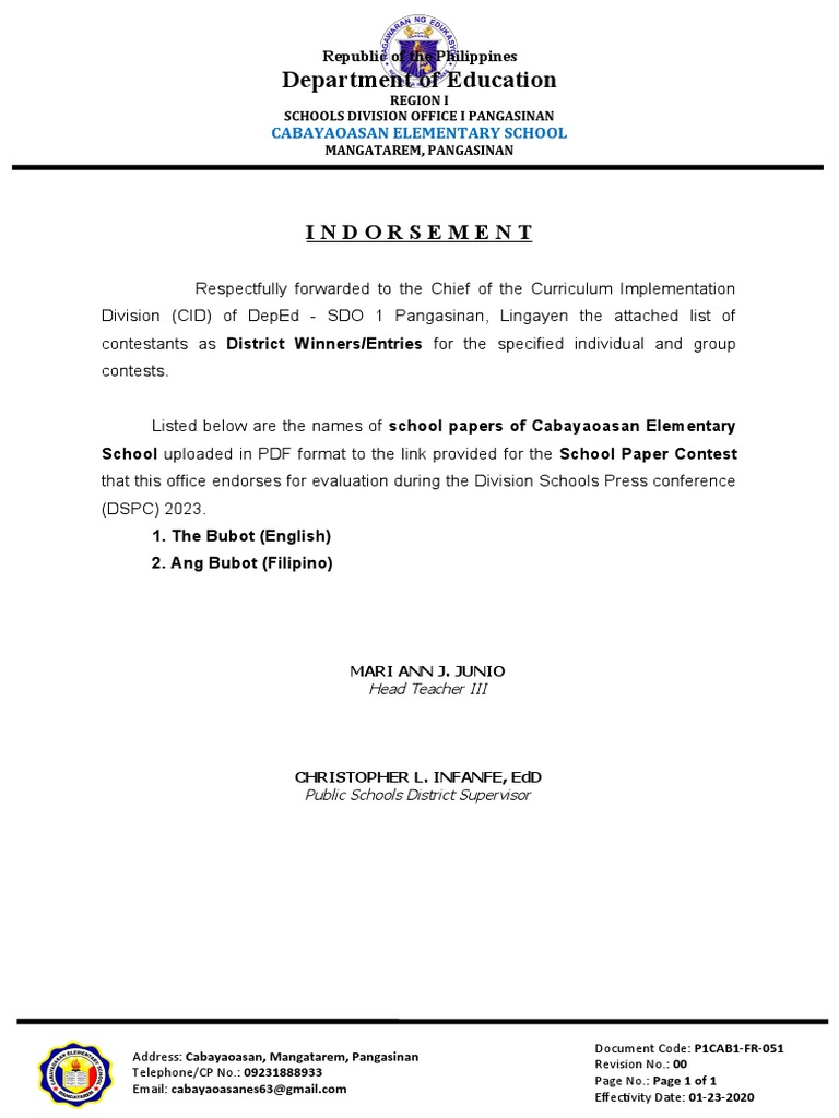 Indorsement for School Paper Contest | PDF