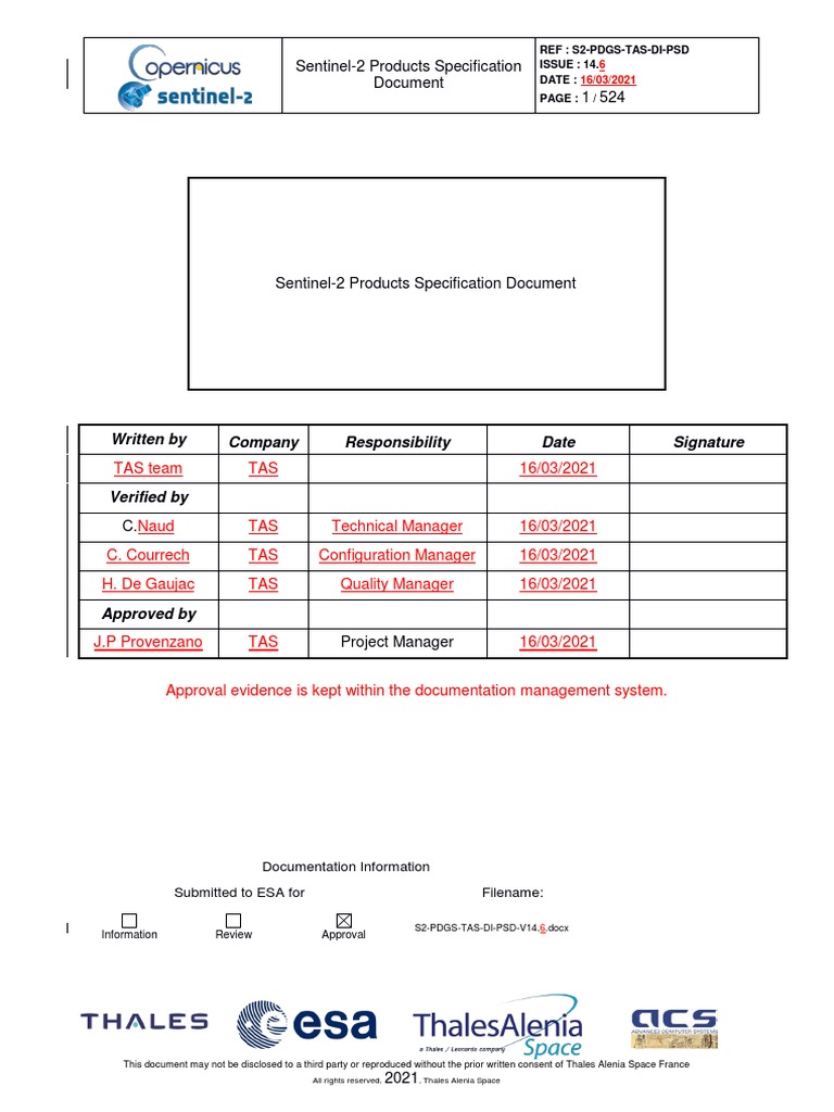 Sentinel 2 Products Specification Document | PDF | Metadata | Computer File Formats