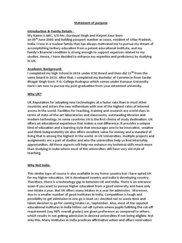 Statement of Purpose Introduction & Family Details | PDF | University ...