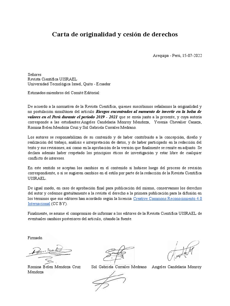 Carta de Originalidad y Cesion de Derechos | PDF | Medios de ...
