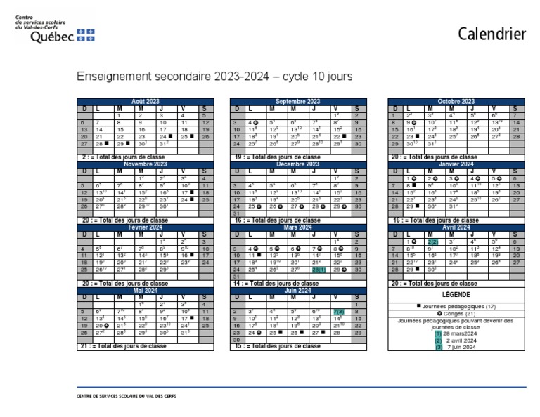 Calendrier Enseignement Secondaire 2023 2024 Cycle 10 Jours Version ...