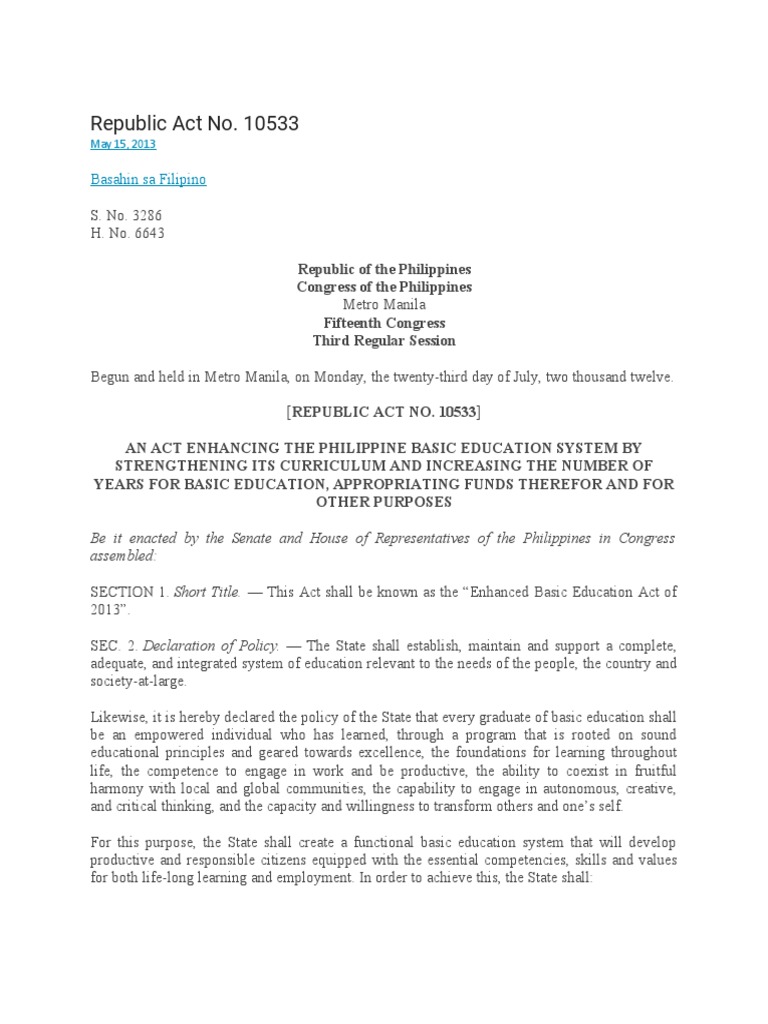 R.A-10533-Enhanced-Basic-Education-Act-of-2013 | PDF | Curriculum ...