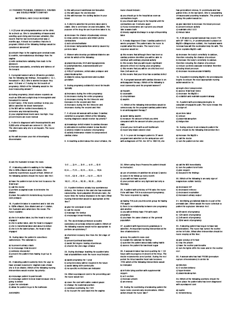 MCN Test 1 Answer Key | PDF | Childbirth | Pregnancy
