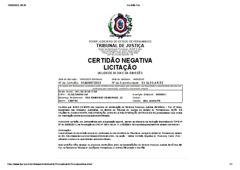 Certidão Negativa para Licitação emitida para a empresa W L DA SILVA ...