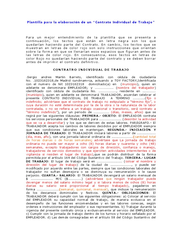 Plantilla de Contrato Individual de Trabajo | PDF | Tiempo de trabajo ...