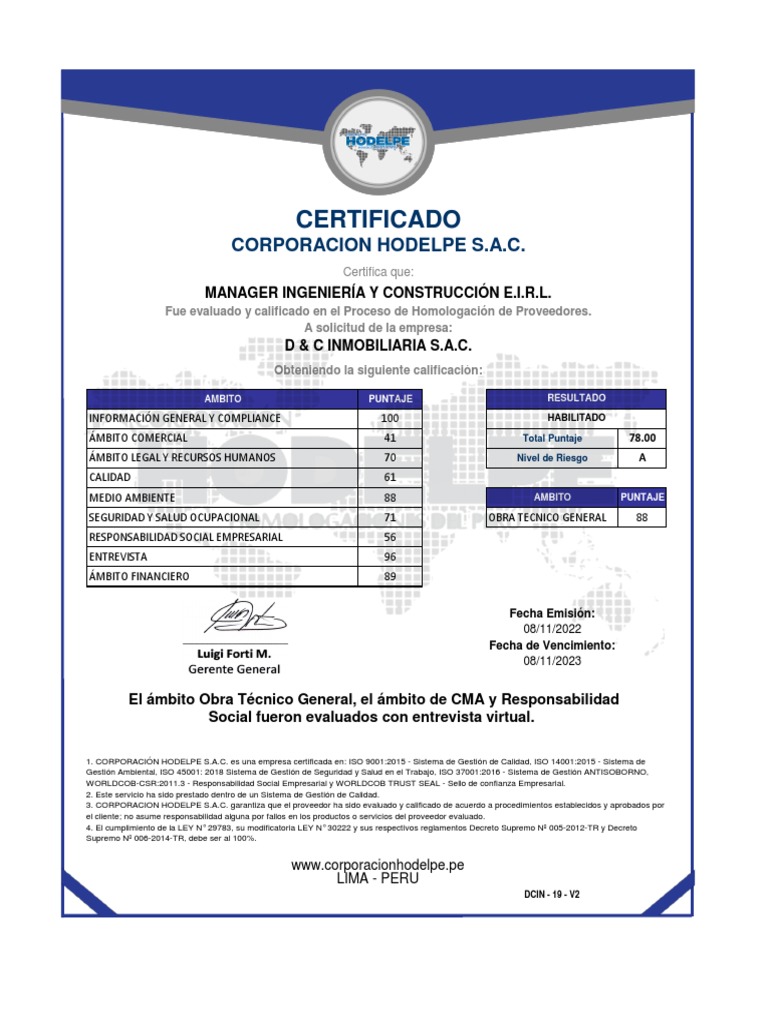 Certificado - Manager Ingenieria y Construccion Eirl | PDF | Calidad ...