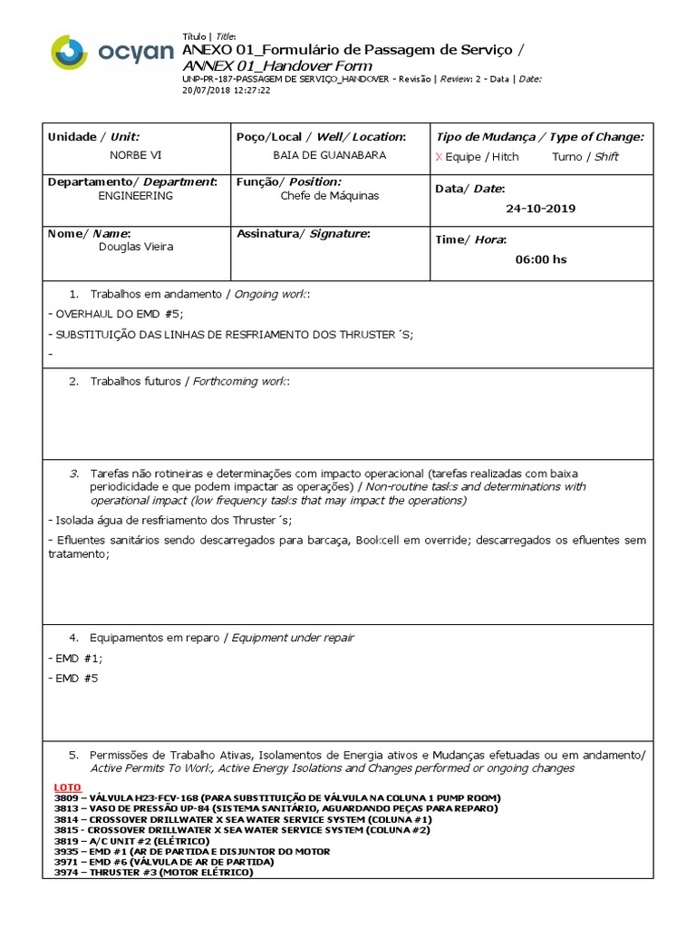 Anexo 01 Formulario de Passagem de Servico - Annex 01 Handover Form | PDF