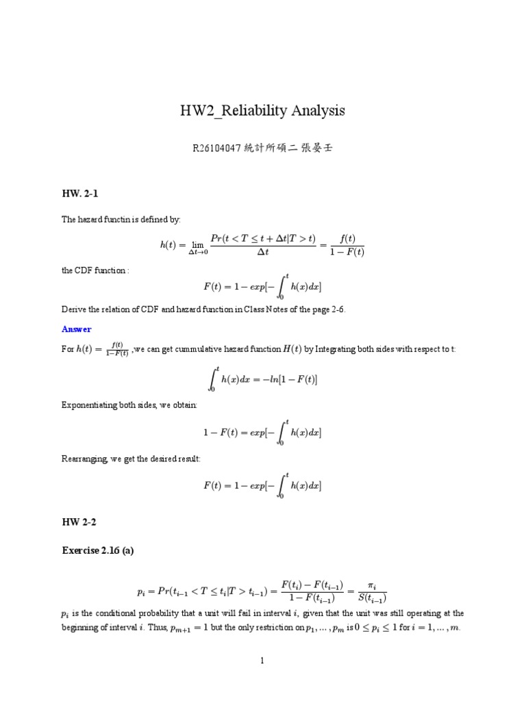 HW2 - Reliability Analysis: Answer | PDF | Function (Mathematics) | Applied Mathematics