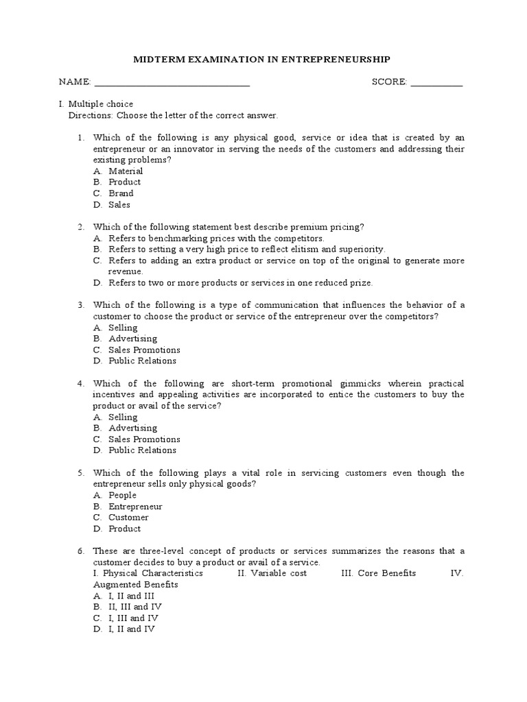 Midterm Exam in Entrep | PDF