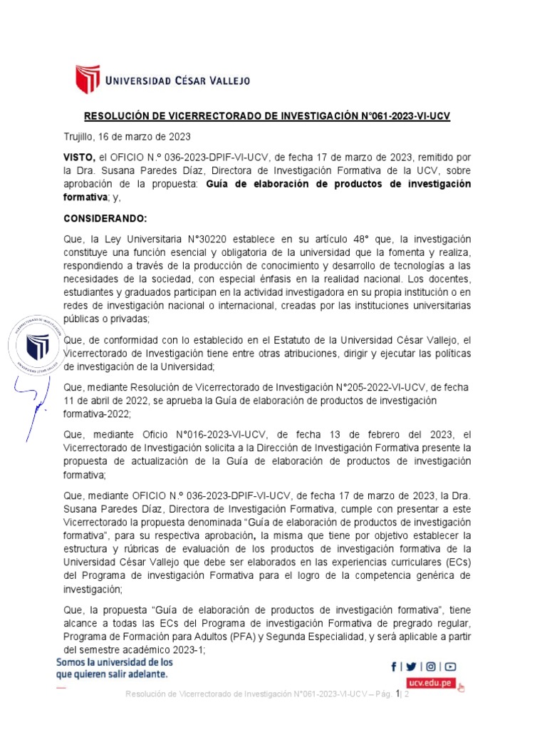 RVI N°061-2023-VI-UCV Aprueba Guía de Elaboración de Productos de ...