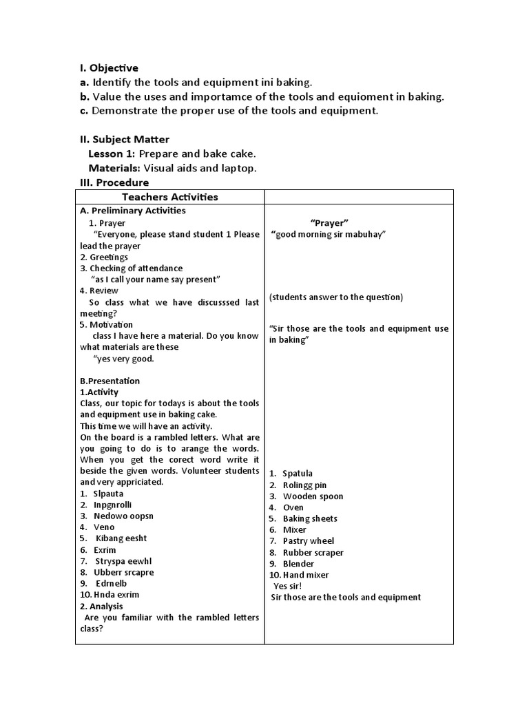 Objective LESSON PLAN | PDF | Baking | Cakes