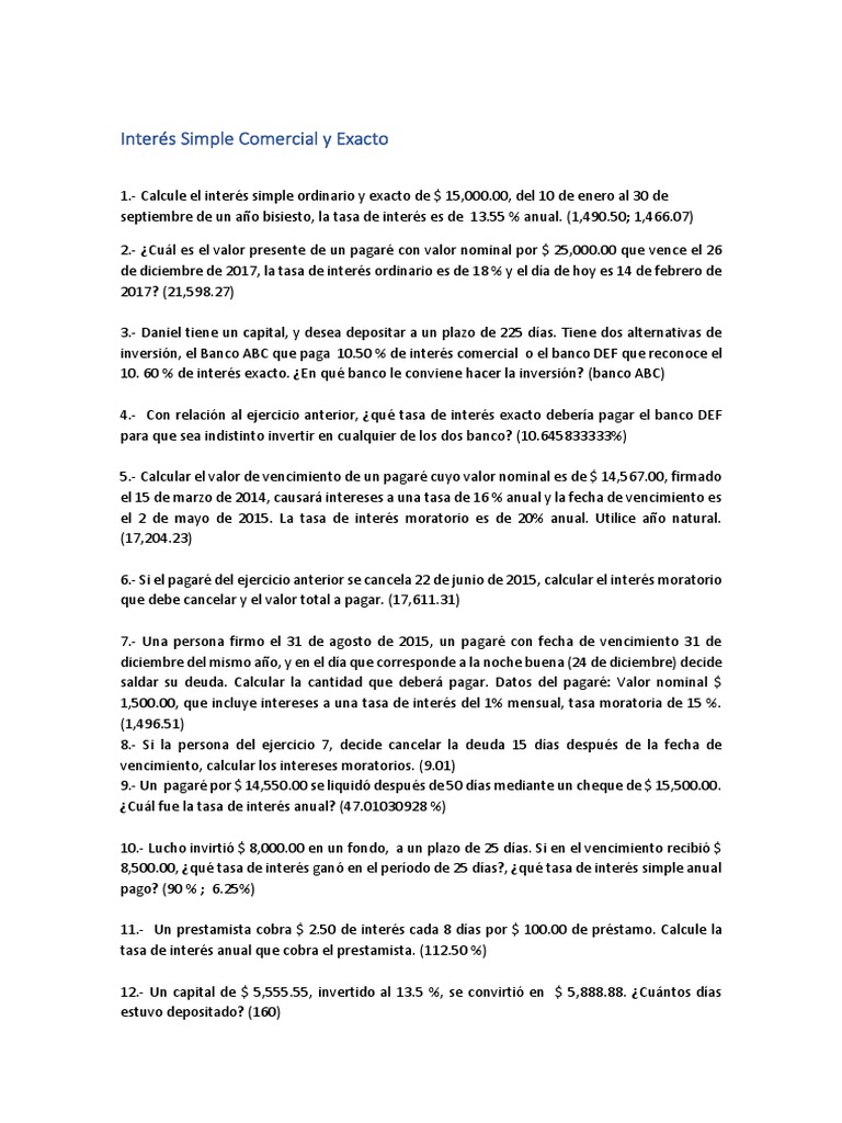 Tarea 1-3 Interés Simple Comercial y Exacto | PDF | Interés | Tasas de ...