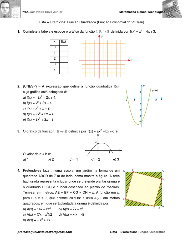Lista De Exercícios Sobre Funções Quadráticas Com Aplicações Em