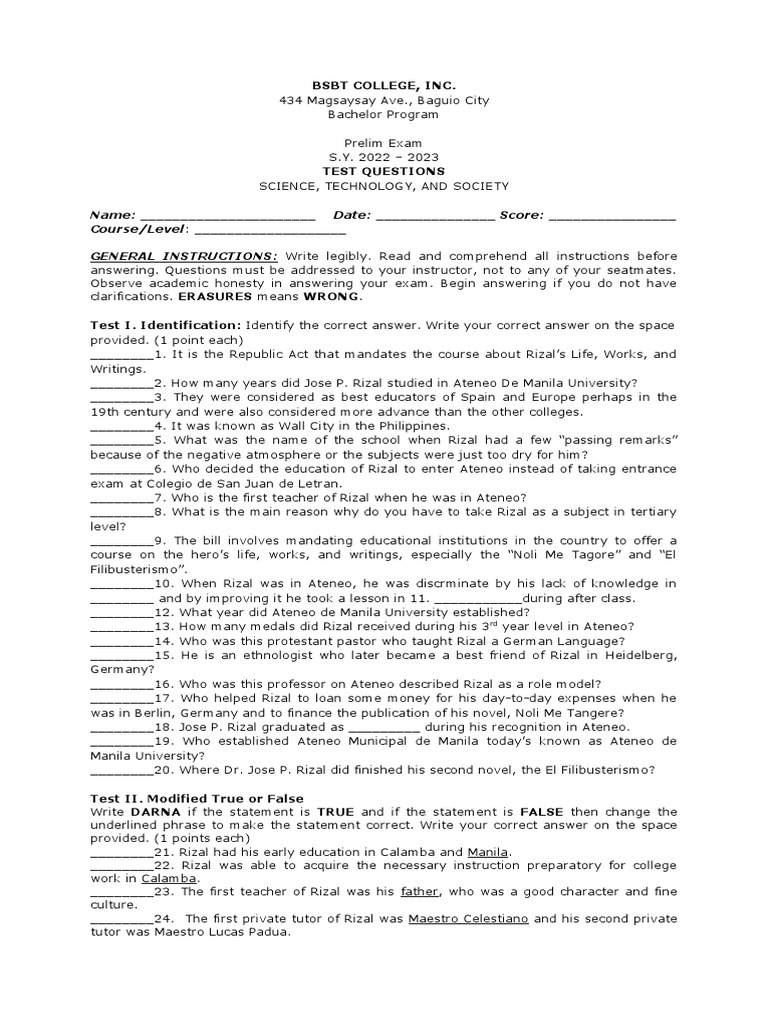 BACHELOR-STS Prelim Exam | PDF