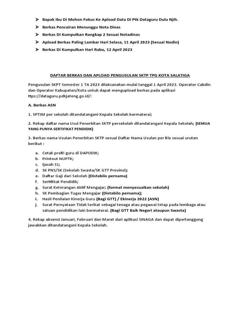 DAFTAR BERKAS DAN APLOAD PENGUSULAN SKTP TPG KOTA SALATIGA 2023 | PDF
